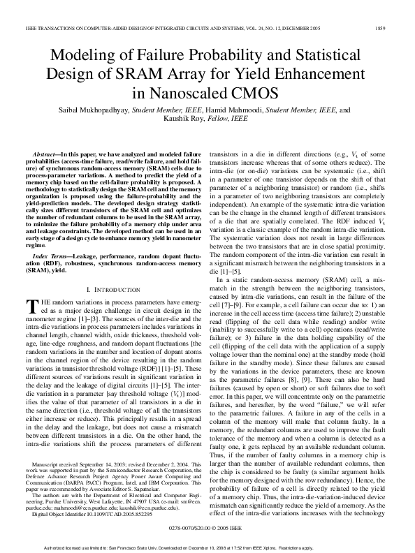 (PDF) Modeling of failure probability and statistical design of SRAM array for yield enhancement ...