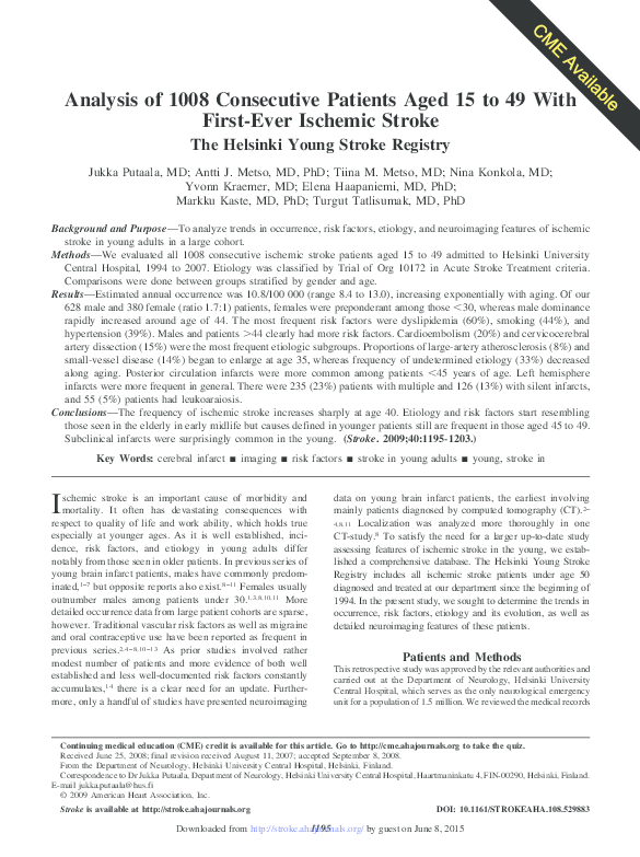 (PDF) Stroke: The Helsinki Young Stroke Registry Analysis of 1008 ...