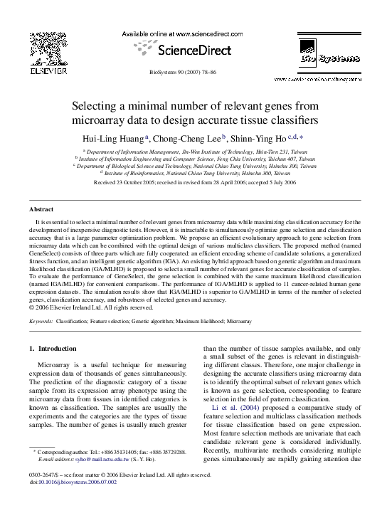 (PDF) Selecting a minimal number of relevant genes from microarray data to design accurate ...