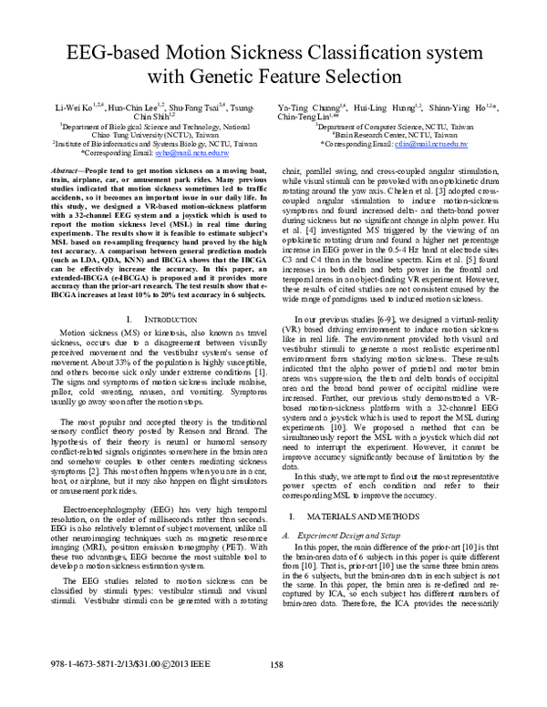 (PDF) EEG-based motion sickness classification system with genetic feature selection