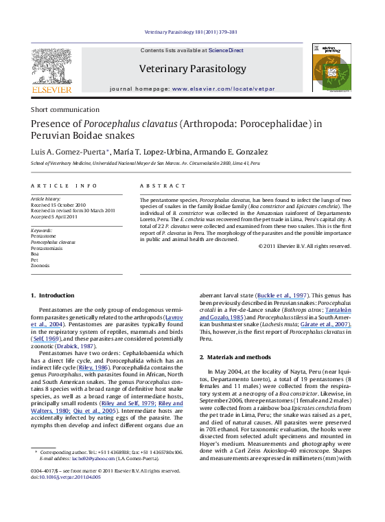 (PDF) Presence of Porocephalus clavatus (Arthropoda: Porocephalidae) in ...