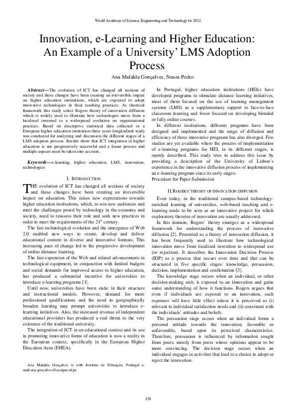 (PDF) Innovation, e-Learning and Higher Education: an example of a ...