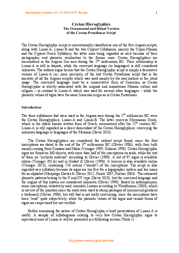 (PDF) Cretan Hieroglyphics & Protolinear Script