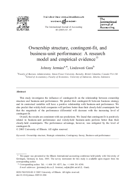 (PDF) Ownership structure, contingent-fit, and business-unit performance: A research model and ...