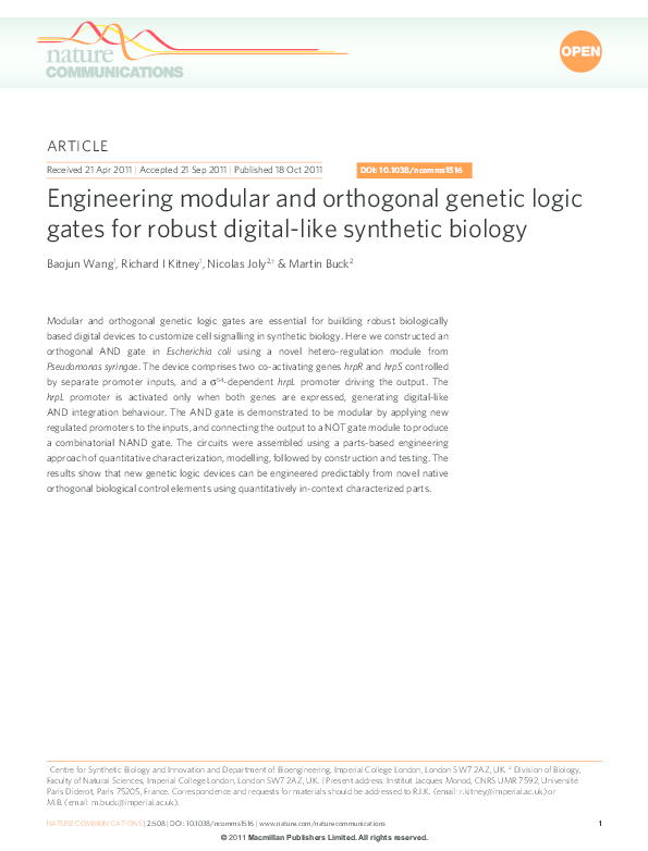 Pdf Engineering Modular And Orthogonal Genetic Logic Gates For Robust Digital Like Synthetic
