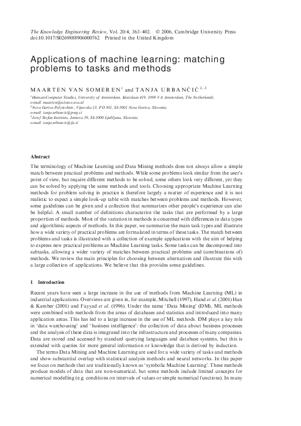 (PDF) Applications of machine learning: matching problems to tasks and ...