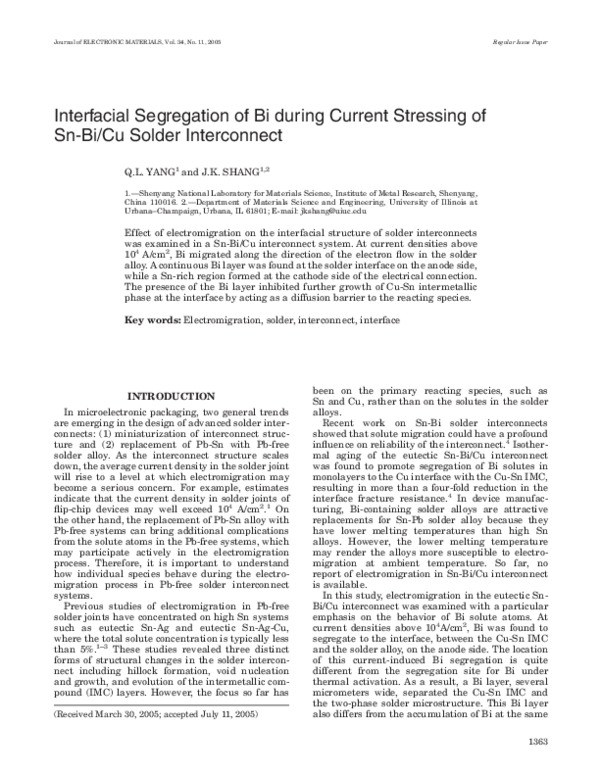 (PDF) Interfacial segregation of Bi during current stressing of Sn-Bi/Cu solder interconnect
