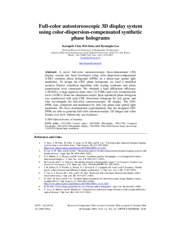 (PDF) Full-color autostereoscopic 3D display system using color-dispersion-compensated synthetic ...