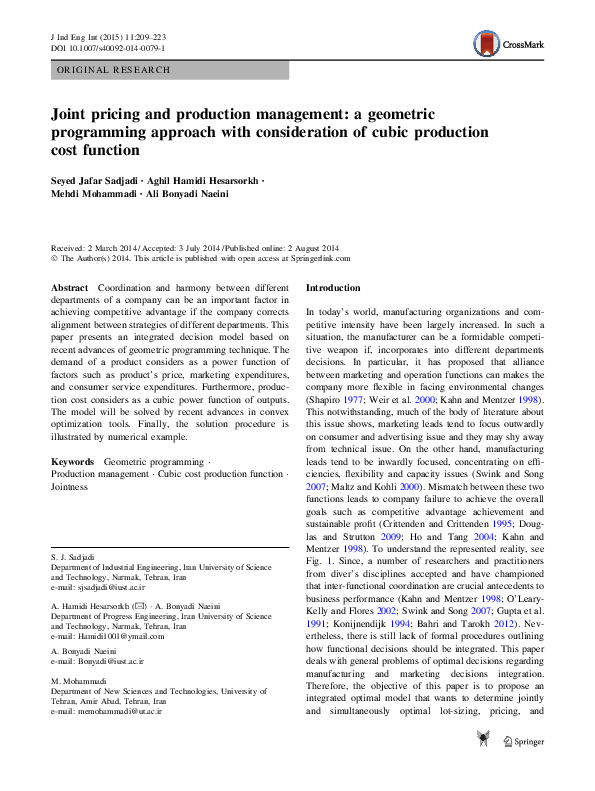 (PDF) Joint pricing and production management: a geometric programming ...