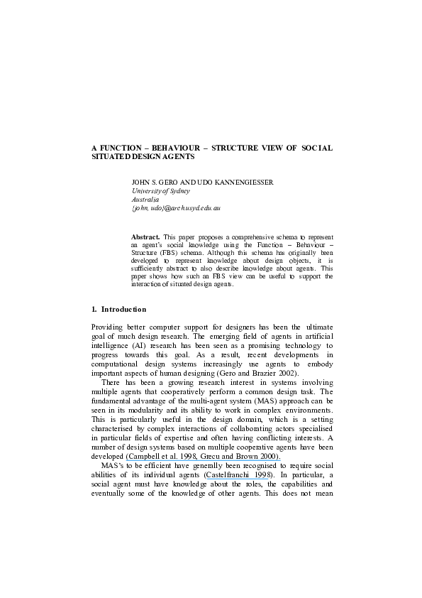 Pdf A Function Behaviour Structure View Of Social Situated Design Agents