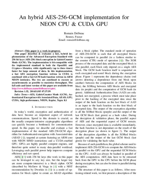 (PDF) An hybrid AES-256-GCM implementation for NEON CPU & CUDA GPU