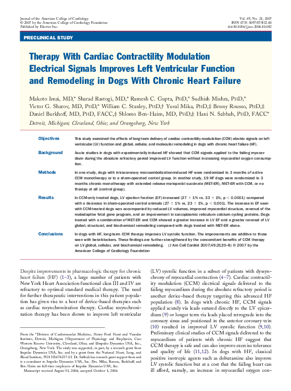 (PDF) Therapy With Cardiac Contractility Modulation Electrical Signals ...