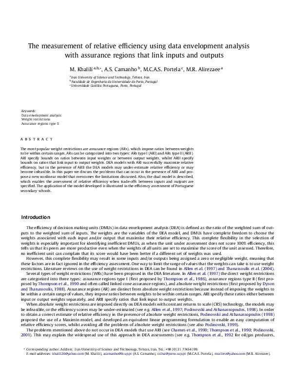 (PDF) The measurement of relative efficiency using data envelopment analysis with assurance ...