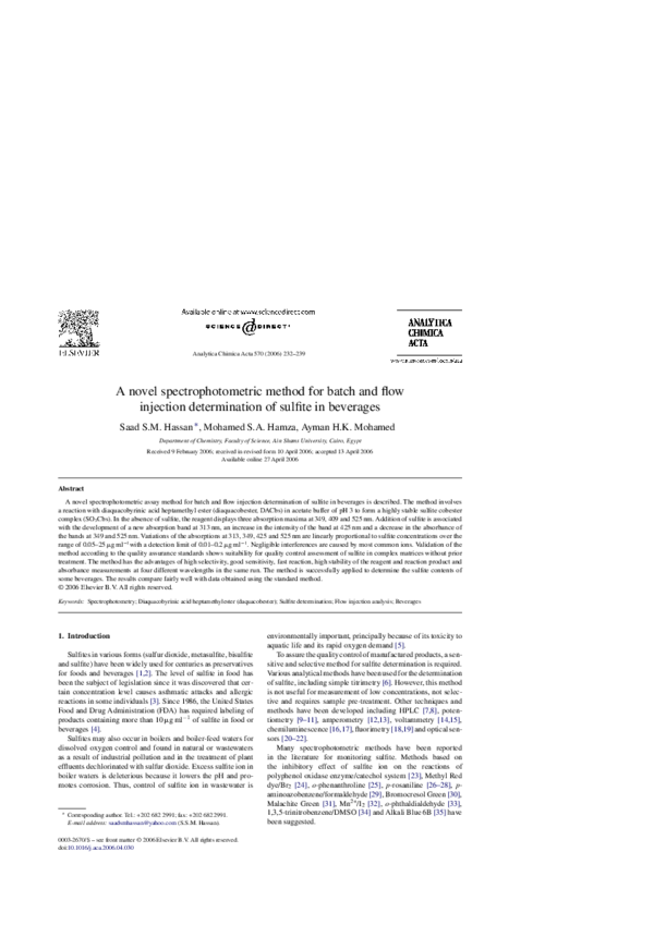 Pdf A Novel Spectrophotometric Method For Batch And Flow Injection Determination Of Sulfite In