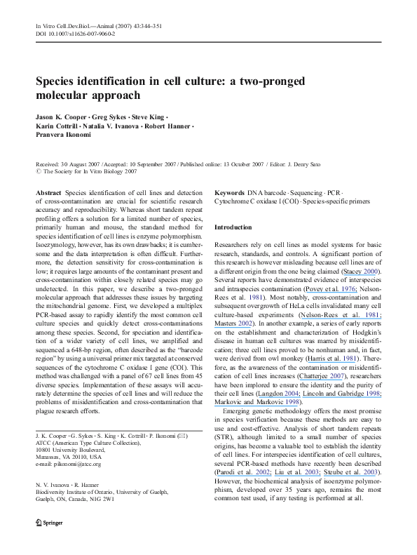 (PDF) Species identification in cell culture: a two-pronged molecular ...