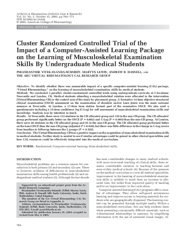 (PDF) Cluster randomized controlled trial of the impact of a computer-assisted learning package ...