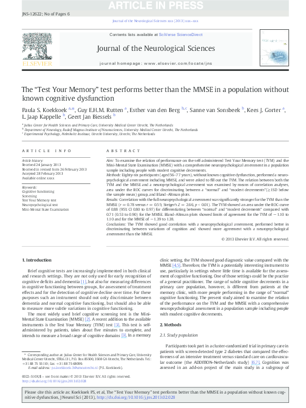 (PDF) The “Test Your Memory” test performs better than the MMSE in a ...