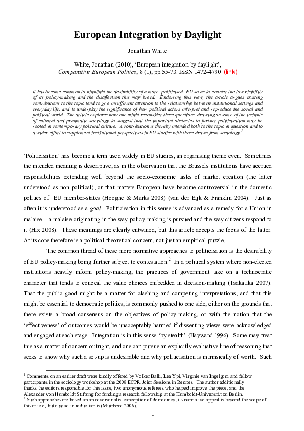 (PDF) European Integration by Daylight (Comparative European Politics ...