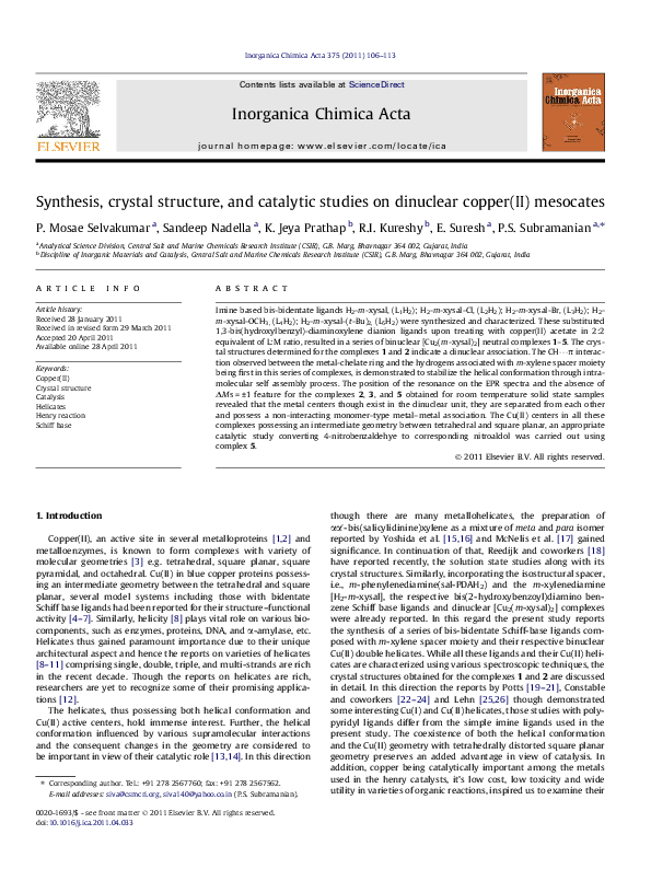 (PDF) Synthesis, crystal structure, and catalytic studies on dinuclear ...