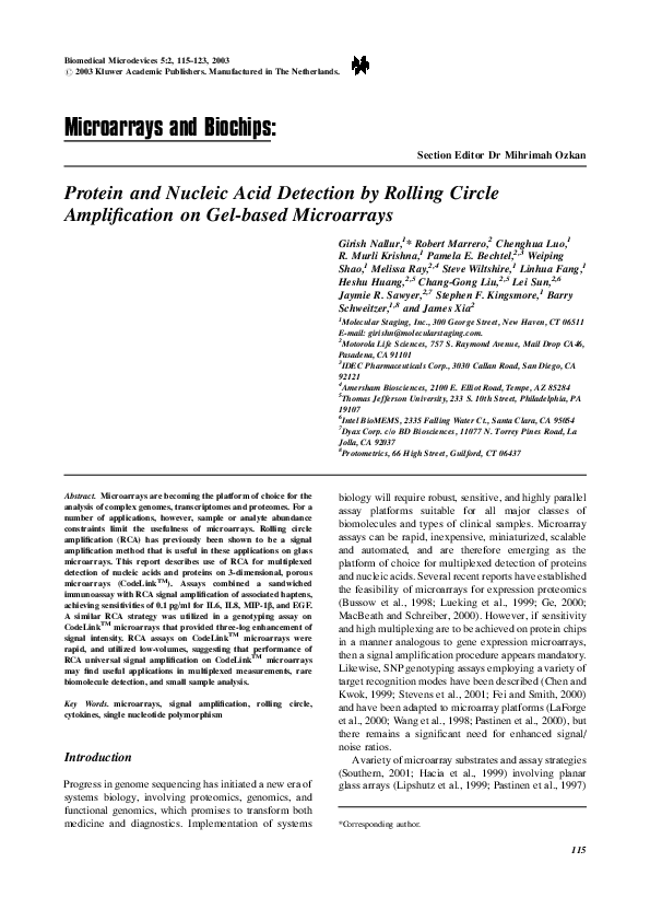 (PDF) Protein and Nucleic Acid Detection by Rolling Circle Amplification on Gel-based Microarrays