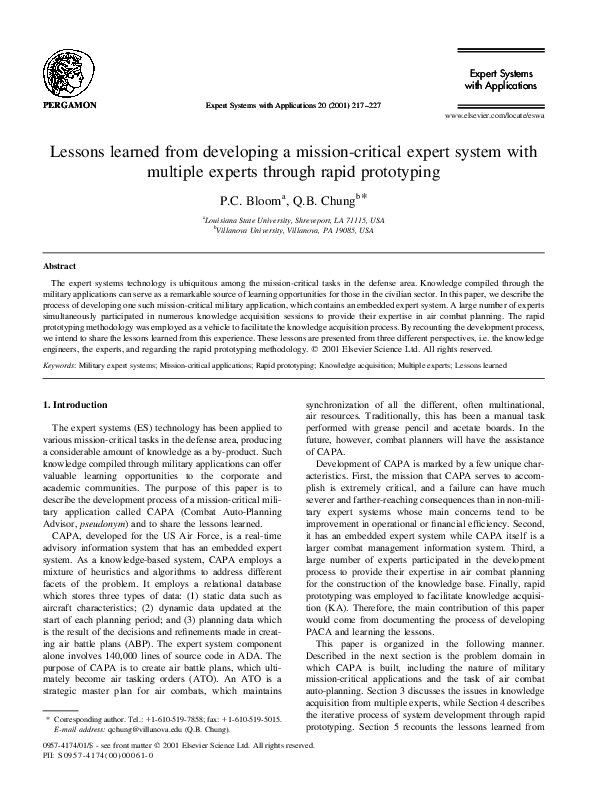 (PDF) Lessons learned from developing a mission-critical expert system ...