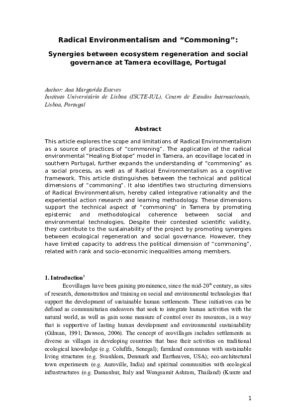 (DOC) Radical Environmentalism and 'Commoning': Synergies Between ...