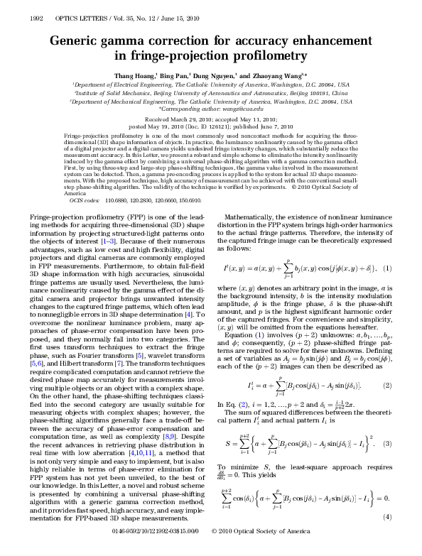 Pdf Generic Gamma Correction For Accuracy Enhancement In Fringe Projection Profilometry