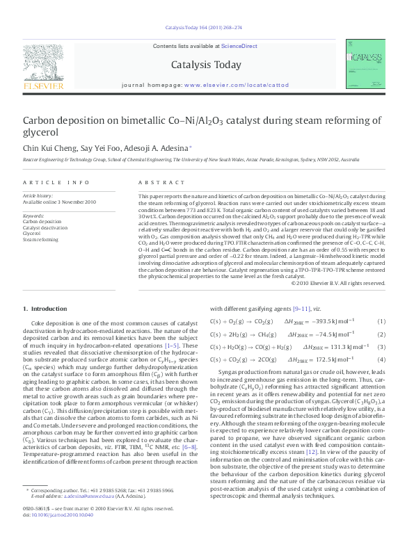 (PDF) Carbon deposition on bimetallic Co–Ni/Al2O3 catalyst during steam reforming of glycerol