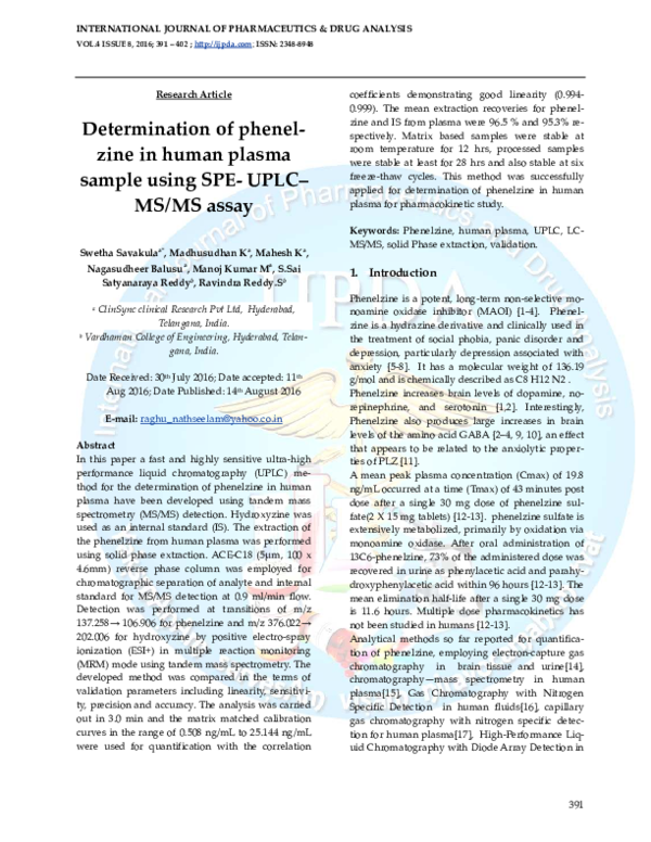 (PDF) Determination of phenel- zine in human plasma sample using SPE-UPLC– MS/MS assay