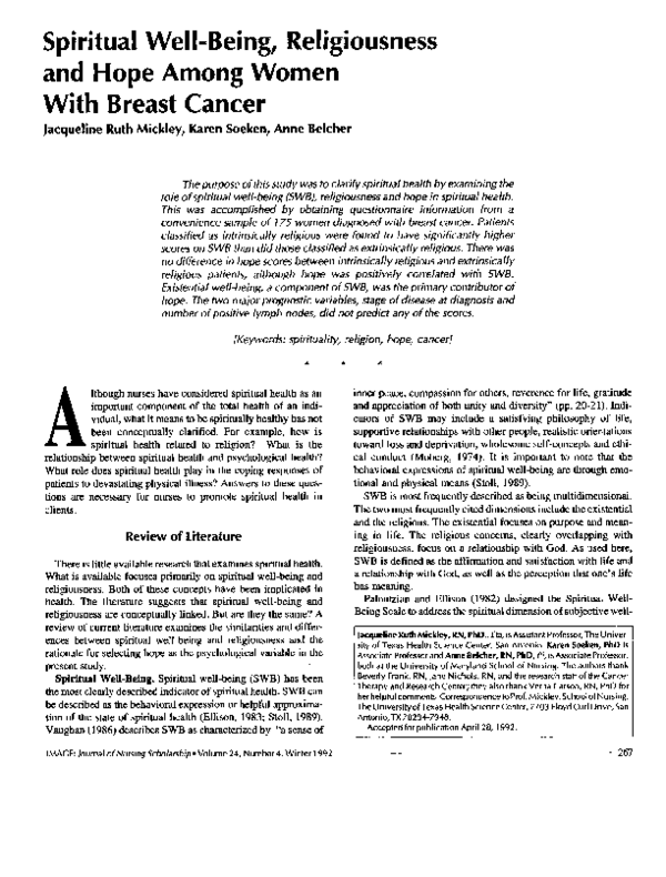 (PDF) Spiritual Well-Being, Religiousness and Hope Among Women With ...