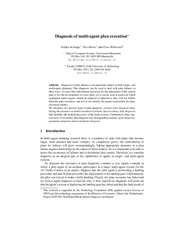 (PDF) Diagnosis of Multi-agent Plan Execution