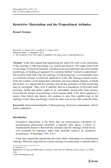 (PDF) Restrictive Materialism and the Propositional Attitudes