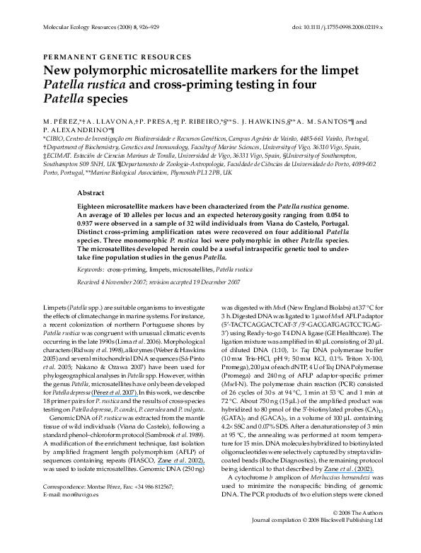 (PDF) New polymorphic microsatellite markers for the limpet Patella rustica and cross-priming ...