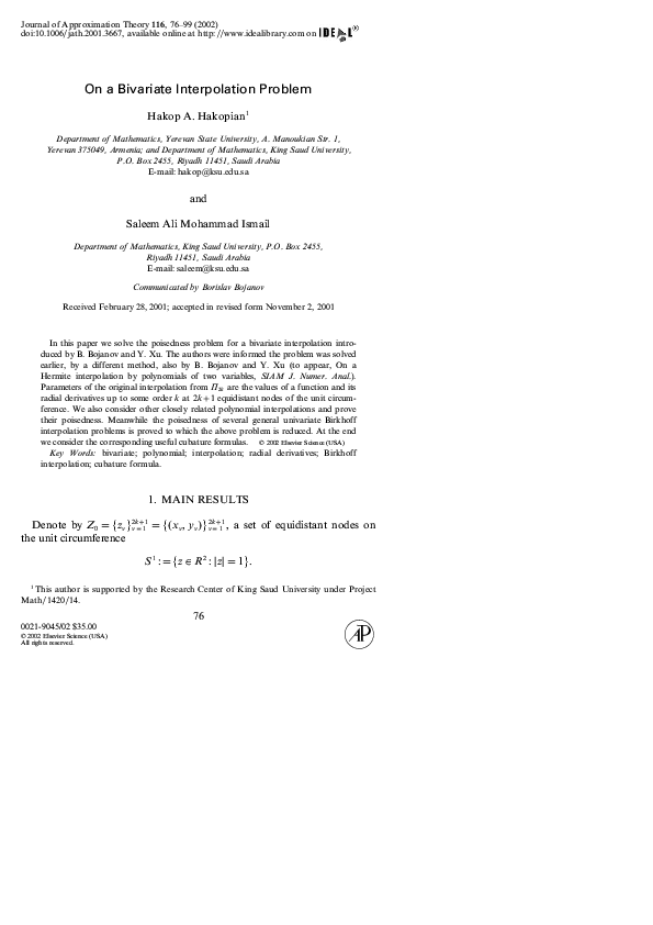 (PDF) On a Bivariate Interpolation Problem