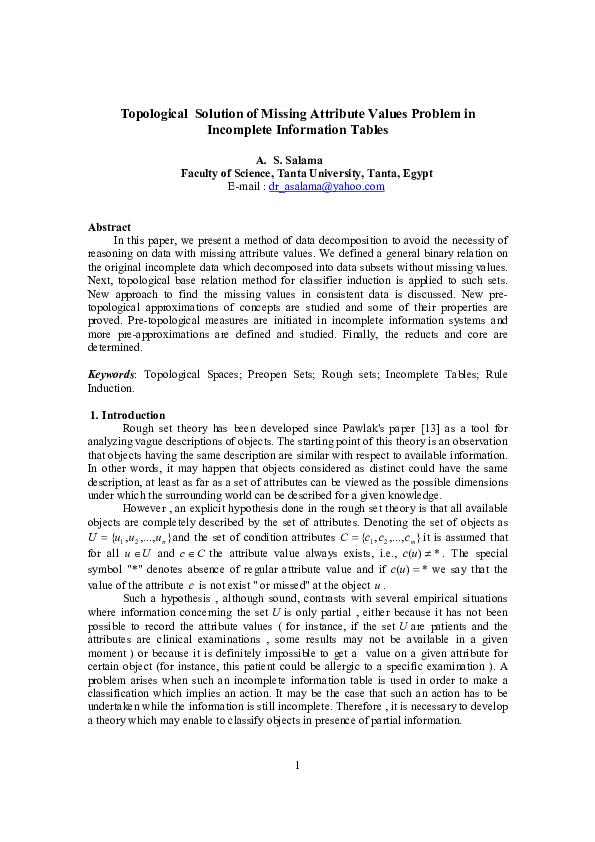 (PDF) Topological solution of missing attribute values problem in incomplete information tables