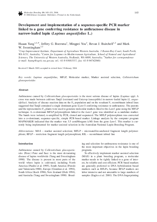 Pdf Development And Implementation Of A Sequence Specific Pcr Marker Linked To A Gene