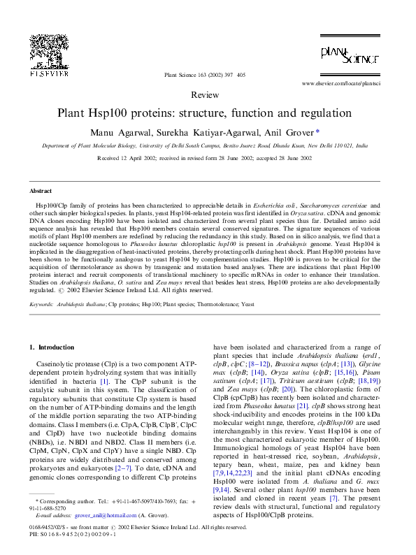 (PDF) Plant Hsp100 proteins: structure, function and regulation