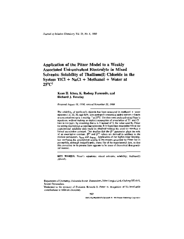 (PDF) Application of the Pitzer Model to a Weakly Associated Uni ...