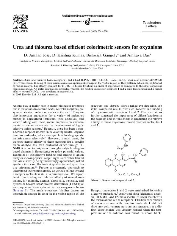 (PDF) Urea and thiourea based efficient colorimetric sensors for oxyanions