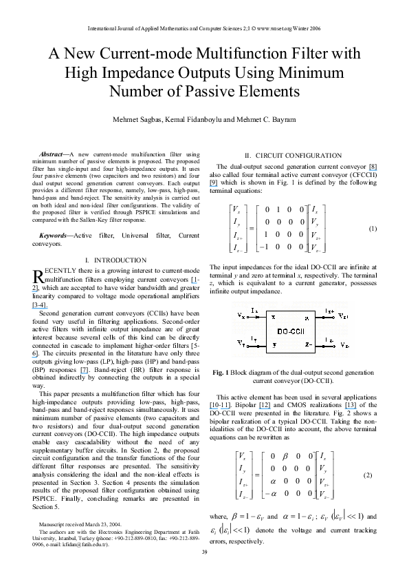 Pdf A New Current Mode Multifunction Filter With High Impedance Outputs Using Minimum Number