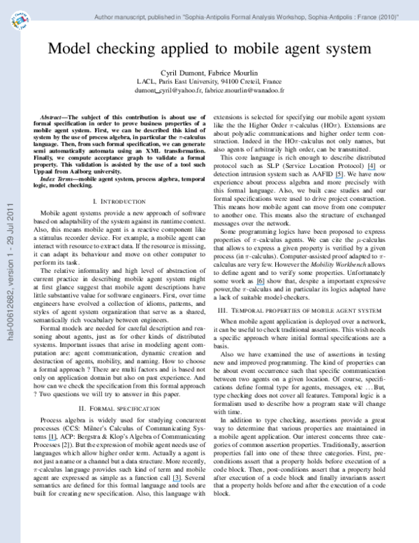 (PDF) Model checking applied to mobile agent system