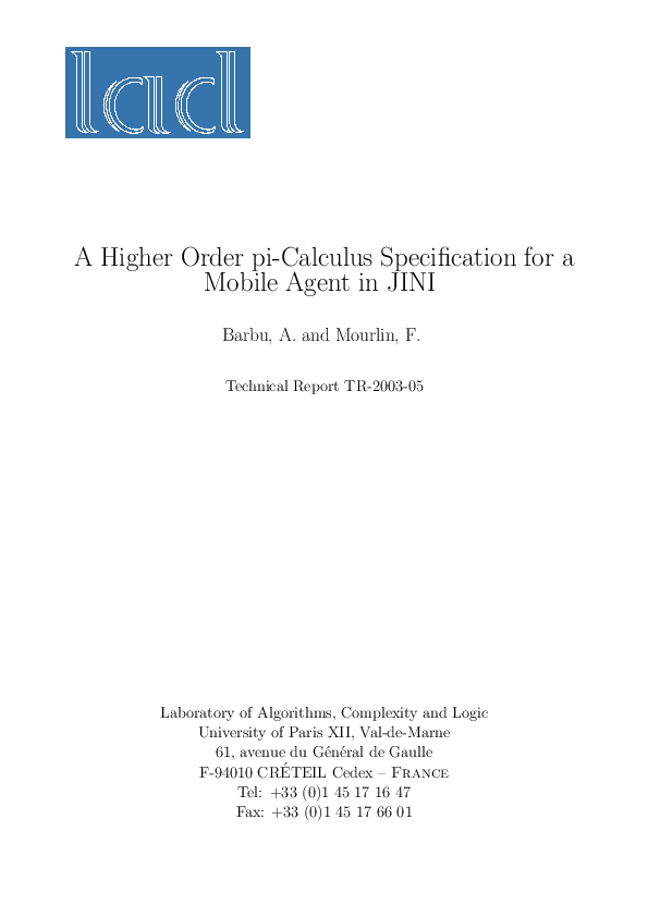 (PDF) A Higher Order Calculus Specification for a Mobile Agent in JINI