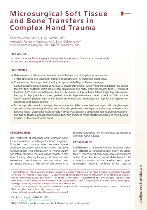 (PDF) Microsurgical Soft Tissue and Bone Transfers in Complex Hand Trauma