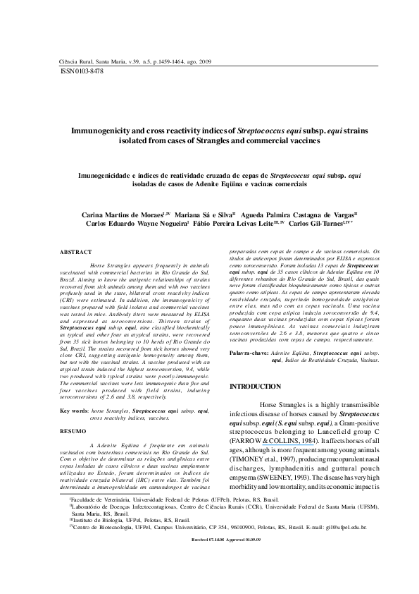 Pdf Immunogenicity And Cross Reactivity Indices Of Streptococcus Equi Subsp Equi Strains