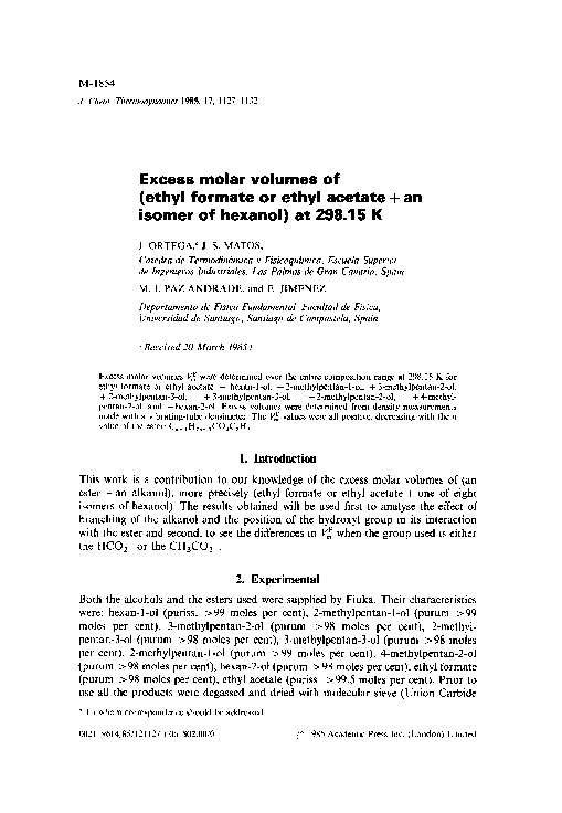 (PDF) Excess molar volumes of (ethyl formate or ethyl acetate + an ...