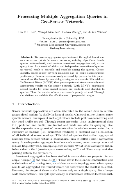 Pdf Processing Multiple Aggregation Queries In Geo Sensor Networks