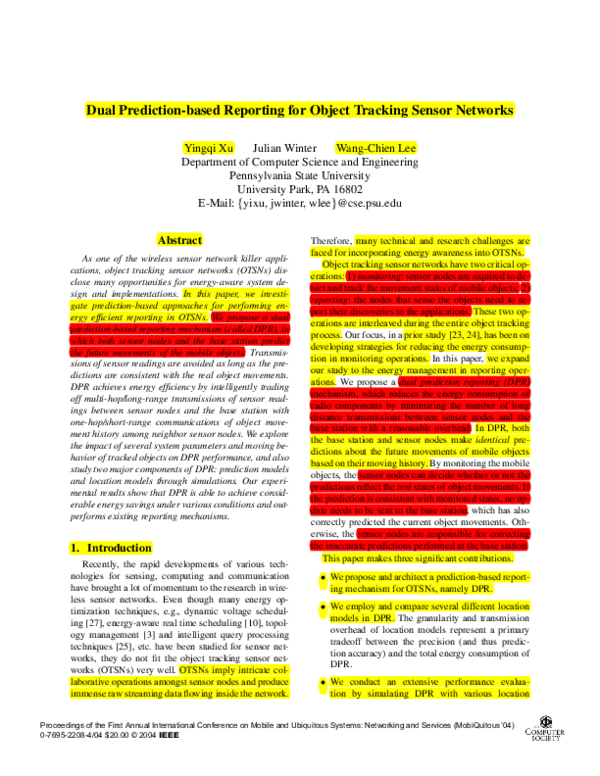 (PDF) Dual Prediction-Based Reporting for Object Tracking Sensor Networks