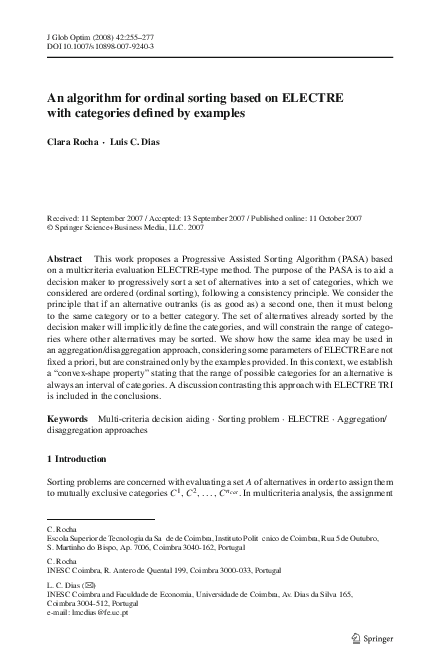 Pdf An Algorithm For Ordinal Sorting Based On Electre With Categories Defined By Examples