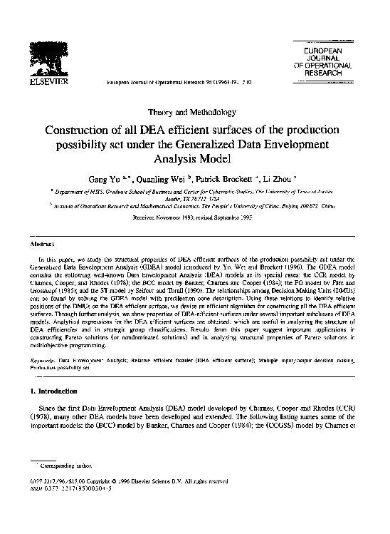 (PDF) Construction of all DEA efficient surfaces of the production possibility set under the ...