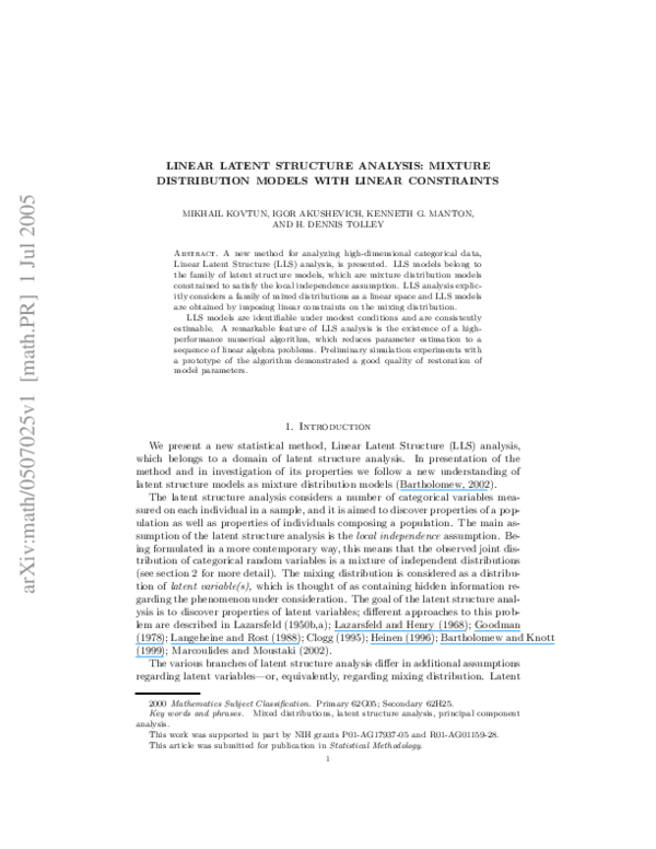 (PDF) Linear latent structure analysis: Mixture distribution models with linear constraints ...